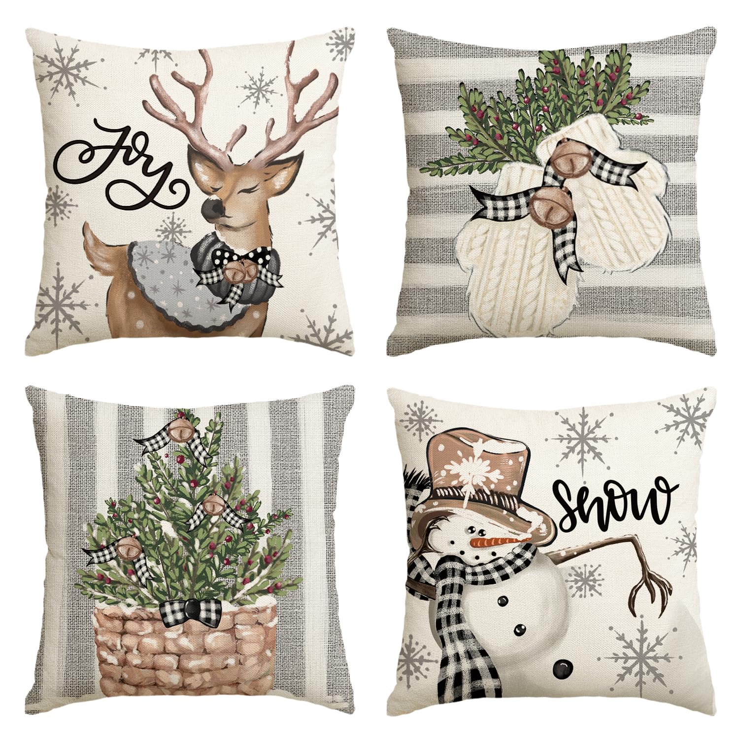 Christmas Snowman Reindeer Gloves Eucalyptus Throw Pillow Covers Set o ...